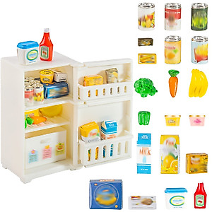 Hiawbon 21 Pcs Mini House Miniature Refrigerator with Mini Food Set Mini Kitchen Furniture Fridge Decorations Miniature Food with Juice Milk Ice Creams Vegetables