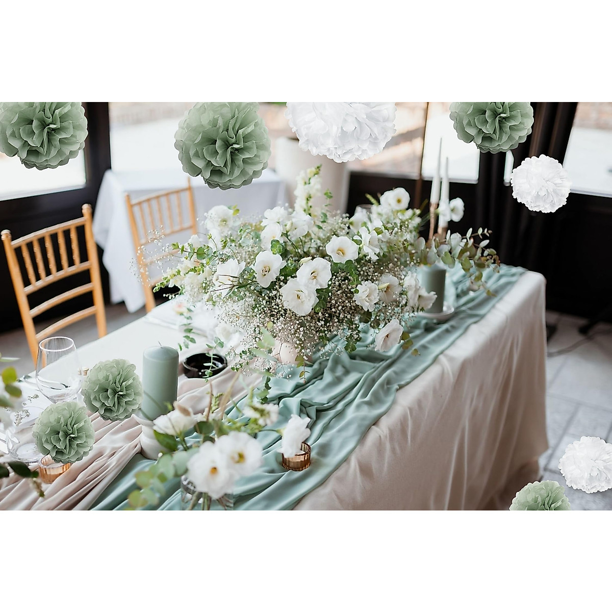 9PCS Dusty Sage Green White Large Tissue Paper Pom Poms Flower Wall Hanging Backdrop Centerpieces for Botanical Greenery Baby Shower Gender Reveal Bridal Shower Wedding Birthday Nursery Garden Décor