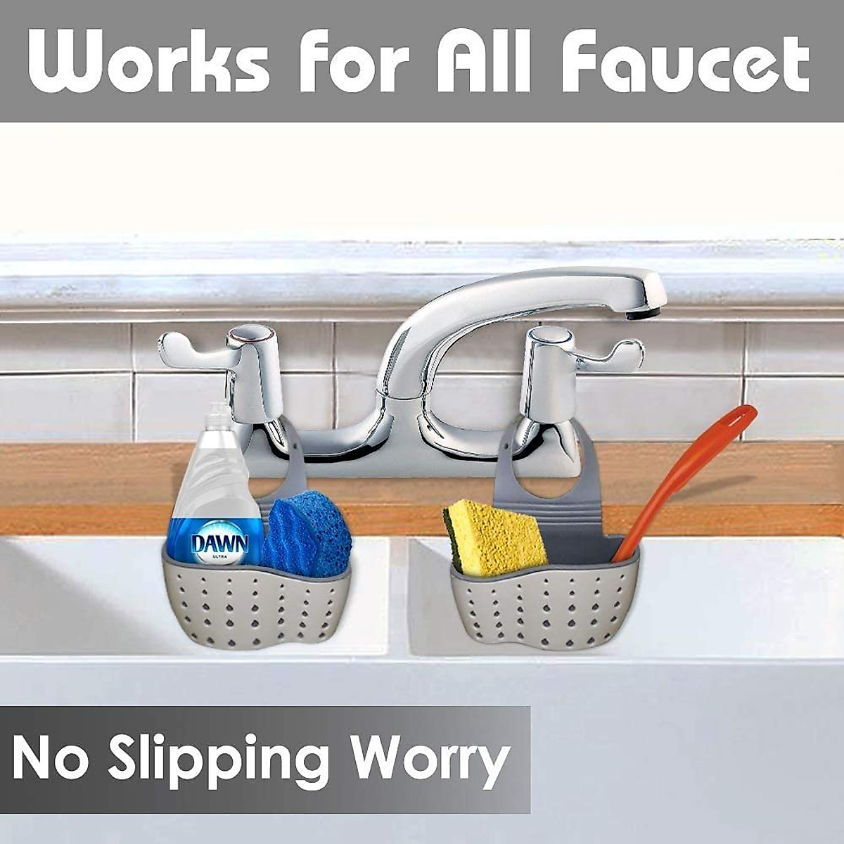 Comfecto Kitchen Faucet Sponge Holder, 2 Pack Hanging Kitchen Faucets Caddy Organizer with Adjustable Strap and Holes for Drying, Space Saving Sink Sider for Dish Soap Dishwashing Brush