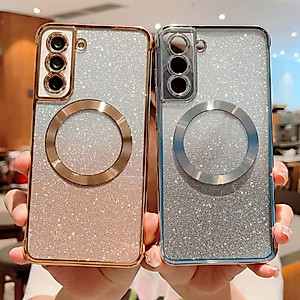 phylla for Samsung Galaxy S21 FE Magnetic Gradient Glitter Phone Case Compatible with Magsafe Luruxy Plated Cute Bling Clear Cover for Women Soft Silicone Shockproof Bumper for S21 FE 5G 6.4” (Gold)