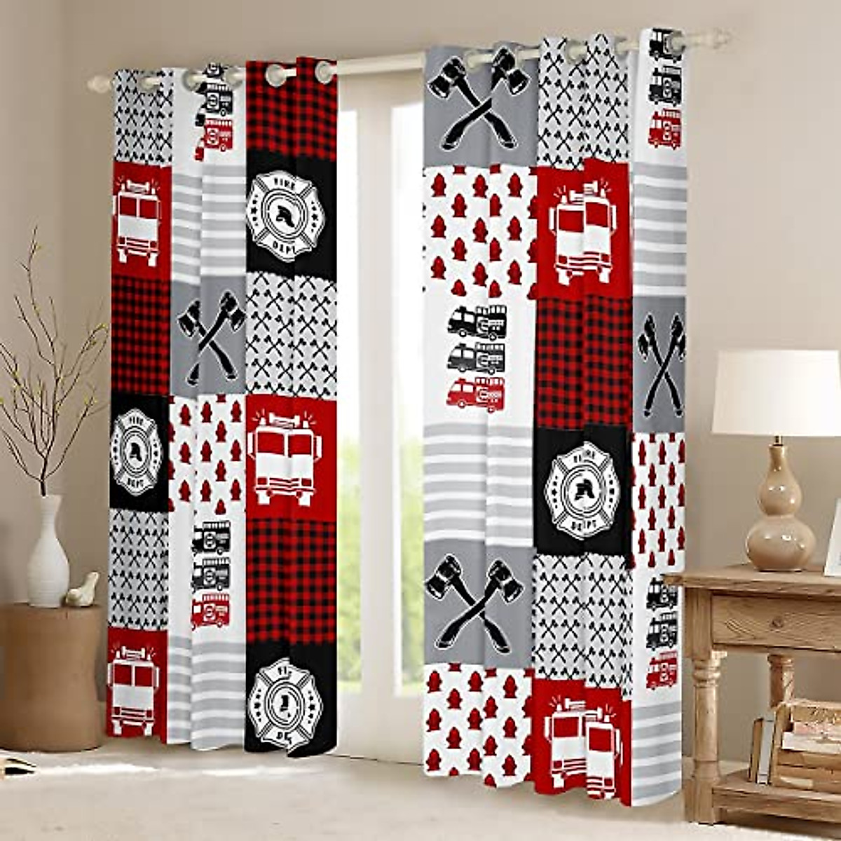 5Pcs Red Fire Truck Car Duvet Cover Set Queen Size & Curtain Set: 1 Duvet Cover + 2 Pillowcase + 2 Panels of 42 W x 63 L inch Each