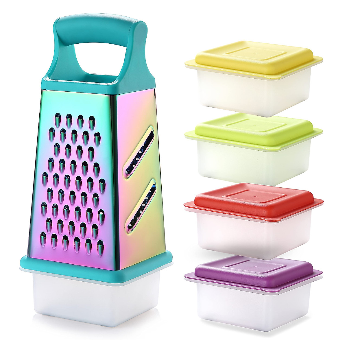 Marco Almond KYA47 Rainbow Titanium Serrated Stainless Steel Steak Knives Set of 8 + KYA57 rainbow titanium box grater