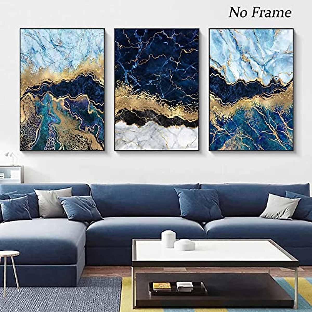 Navy Blue and Gold Marble Wall Art Abstract Marble Modern Trendy Canvas Prints Blue and White Marble Painting Abstract Shaped Artwork Light Blue and Navy Wall Art Abstract Marble 16x24inx3pcs No Frame