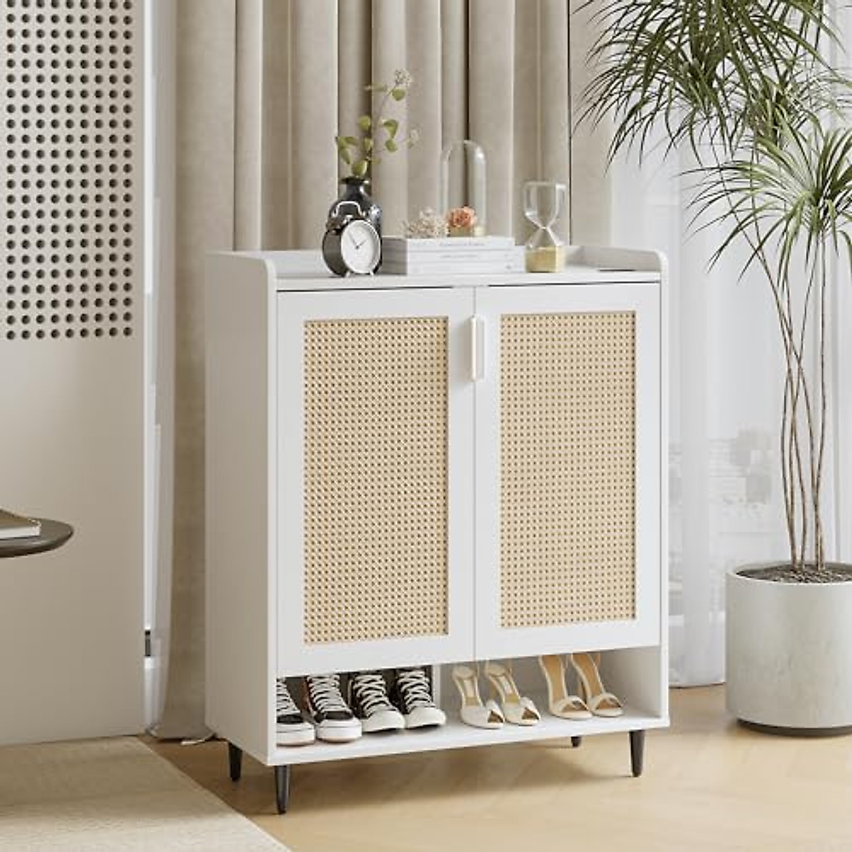 OLD CAPTAIN Shoe Storage Cabinet, 5-Tier Modern Entryway Organizer Cabinet with Door,Deodorisation and Automatic Lighting (White Rattan)
