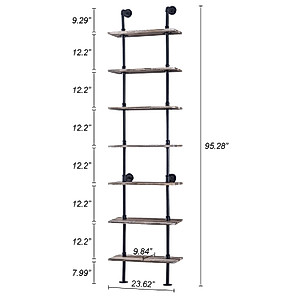 HOMBAZAAR Industrial Pipe Bookshelf,7 Tier Pipe Shelving,Wall Mounted Ladder Shelves with Metal Frame for Home Office,Living Room,Oak Brown