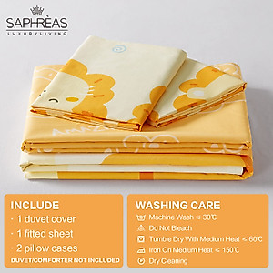 SAPHREAS Lion Kids Duvet Cover Set Twin Size 4pcs with Fitted Sheet Yellow Cute Animal Cartoon Pattern Comforter Cover Set 100% Cotton Quilt Cover 1pc Fitted Sheet 1pc Pillow Shams 2pcs(No Comforter)