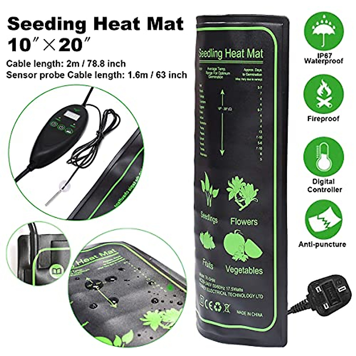 MARVIA Warming Mats for Plants,Heat Mat with Digital Temperature Controller,6 Temperatures 6 Timers,Seeding Heat Mat with LED and Probe, for Plants Seeds Gardening Greenhouse,Waterproof MET 20x10in