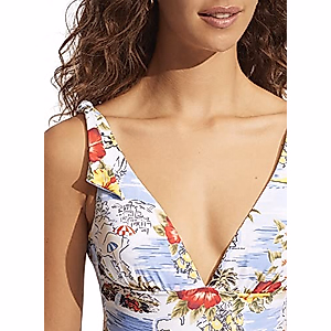 Seafolly Women's V Neck One Piece with High Legline Swimsuit, Coast to Coast Powder Blue, 8