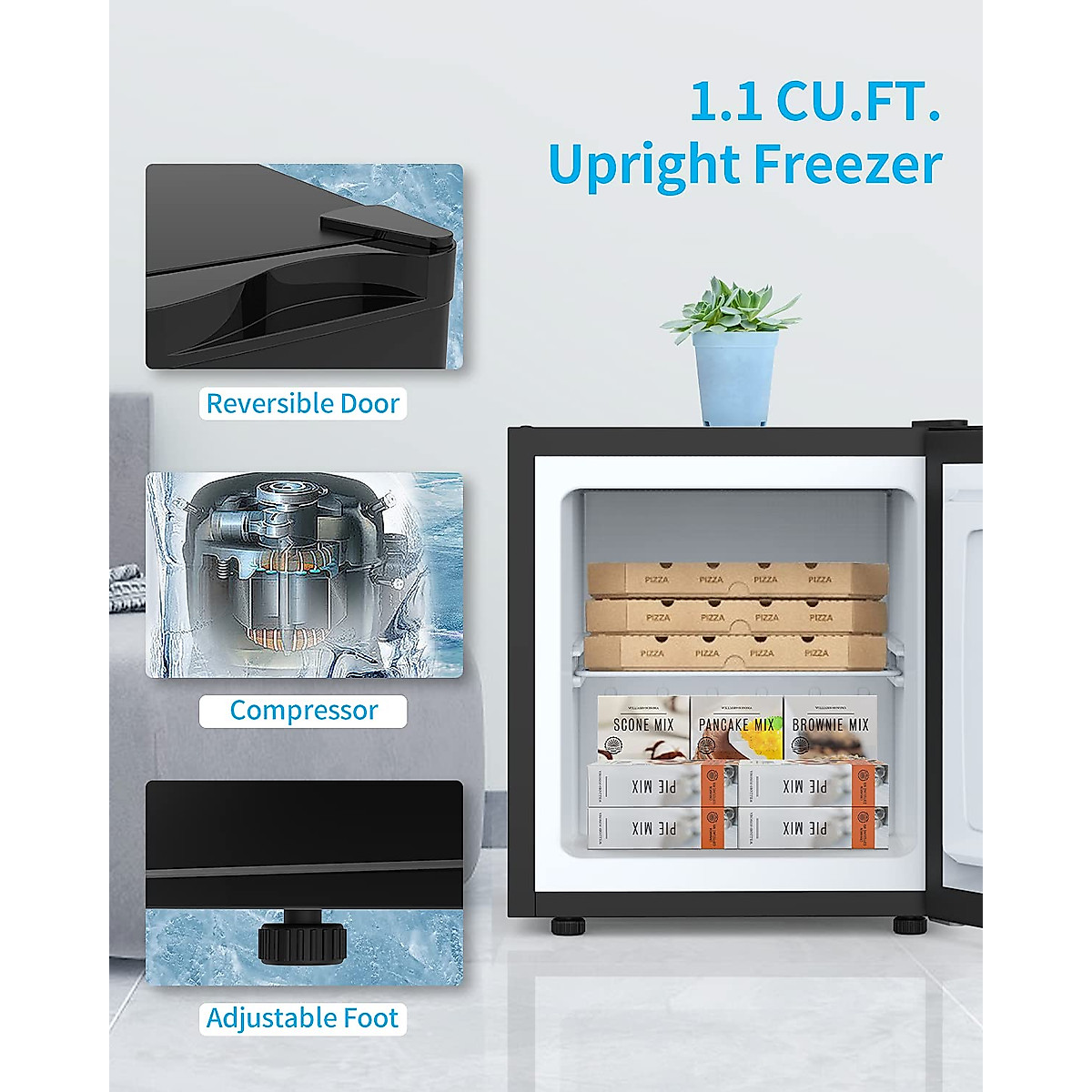 1.1 Cubic Feet Mini Freezer Countertop, Single Door Compact Upright Freezer with Reversible Door, Removable Shelves, Small freezer for Home/Dorms/Apartment/Office(Black)