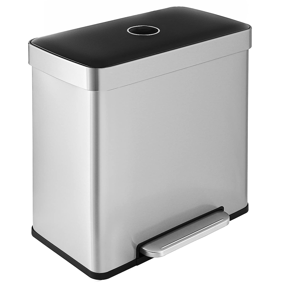Arlopu 16 Gallon Stainless Steel Trash Can, 60L Kitchen Classified Recycle Garbage Can, Dual Compartment Dustbin with Removable Inner Buckets, Step-on, Soft-Close Lid, for Home Office, Silver