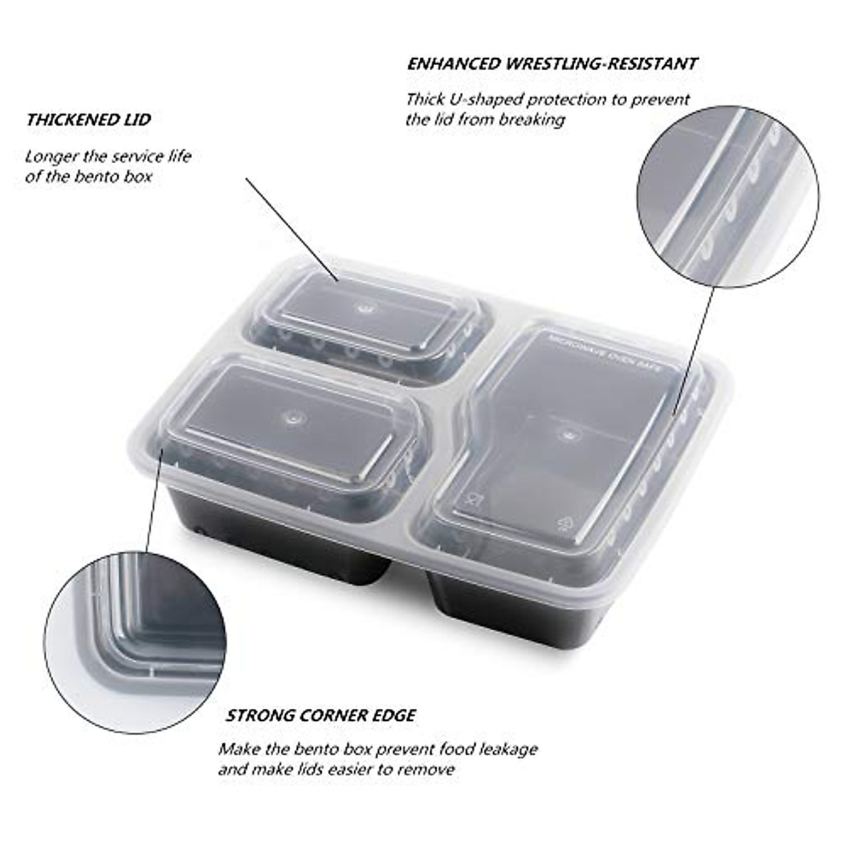 Pinshion 20 Pack Meal Prep Containers 3 Compartment Bento Box 1050ML/ 36 OZ Microwavable Food Containers with lids, Food Storage Containers, Durable Plastic Reusable Food Storage Containers