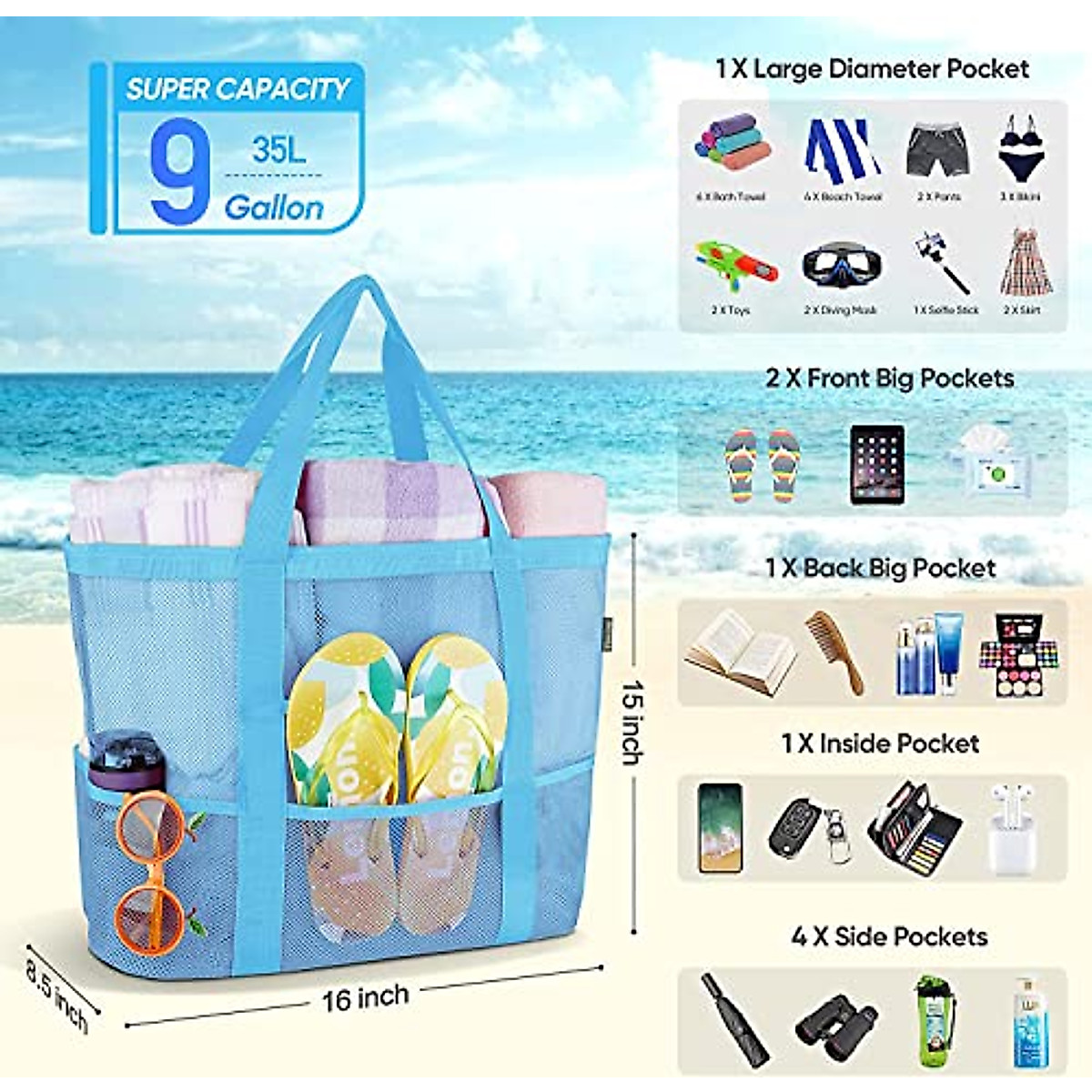 ZB.soar Mesh Beach Bags,9 Pockets Beach Bag, Large Beach Tote Swim Bags Pool Bag with Pockets (Sky Blue)