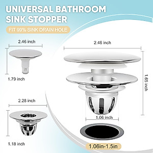 2 Pack Universal Bathroom Sink Stopper Magnetic - Pop Up Basin Sink Drain Strainer for 1.1~1.5 Inch, 2 in 1 U.S. Standard Sink Drain Strainer with Hair Catcher (Silver)