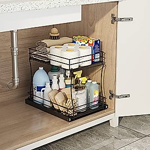 LOYALHEARTDY Pull Out Cabinet Organizer, 2 Tier Stainless Steel Under Sink Storage with Sliding Drawers Rectangular Home Organizer Shelf for Bathroom Kitchen (15.55 x 11.42 x 13.19inch, Black)