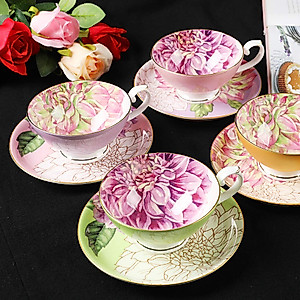 PULCHRITUDIE Fine Bone China Teacup and Saucer Set, English Teasets, Floral Design with Golden Rim, 8oz Cup, Set of Four