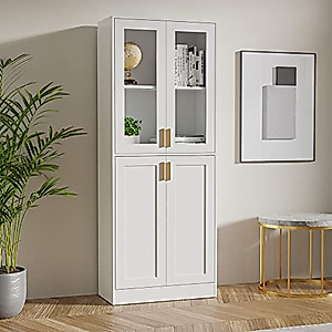 Cozy Castle China Cabinet For Office Storage, Pantry with Acrylic Glass Doors and Adjustable Shelves, 70" Tall Display Bookcase, White