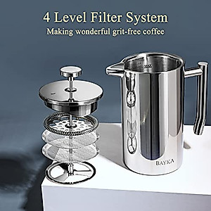 BAYKA French Press Coffee Tea Maker 34oz, 304 Stainless Steel Insulated Coffee Press with 4 Filter Screens, Milk Frother, Rust-Free, Dishwasher Safe, Silver