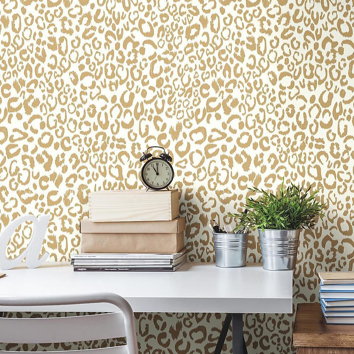 RoomMates RMK10700WP Metallic Gold Leopard Peel and Stick Wallpaper, 20.5" x 16.5 feet