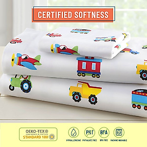 Wildkin 100% Cotton 4 Piece Toddler Bed-in-A-Bag for Boys & Girls, Bedding Set Includes Comforter, Flat Sheet, Fitted Sheet & Pillowcase, Bed Set for Cozy Cuddles (Trains, Planes & Trucks)