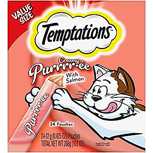 Temptations Creamy Puree with Salmon Lickable, Squeezable Cat Treats, 0.42 oz Pouches, 24 Count
