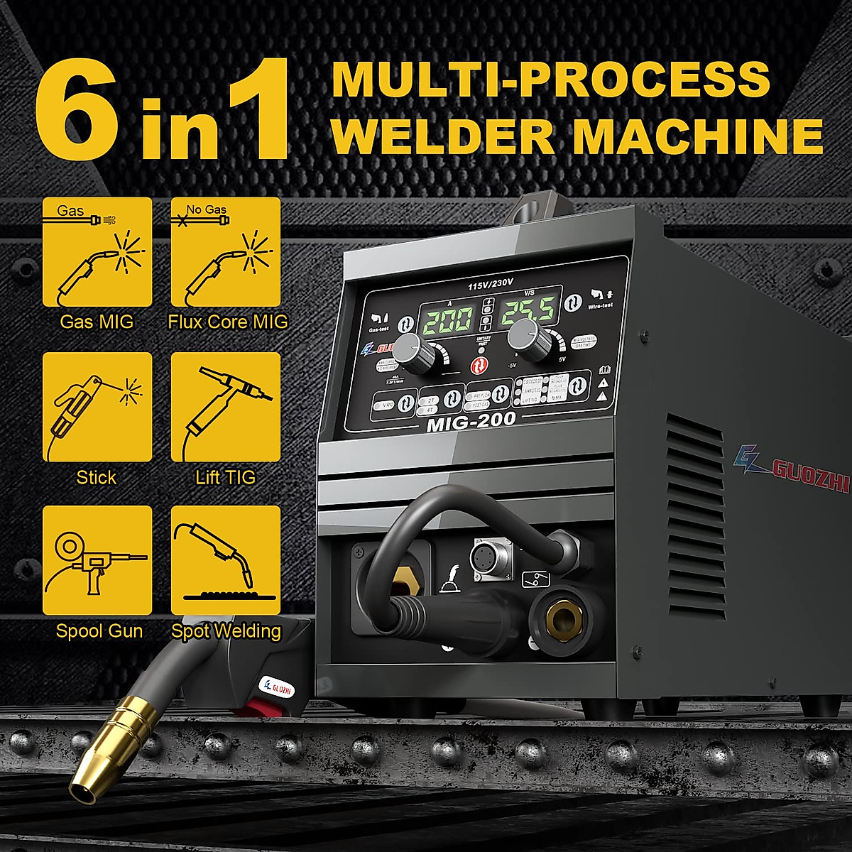 GZ GUOZHI 200A MIG Welder, 6 in 1 Stick Welder/Gas MIG/Gasless Flux Core MIG/Lift TIG/Spot welding/Spool Gun Multi-Process, 110V/220V Welding Machine with Dual LCD Digital Display (US Connector)