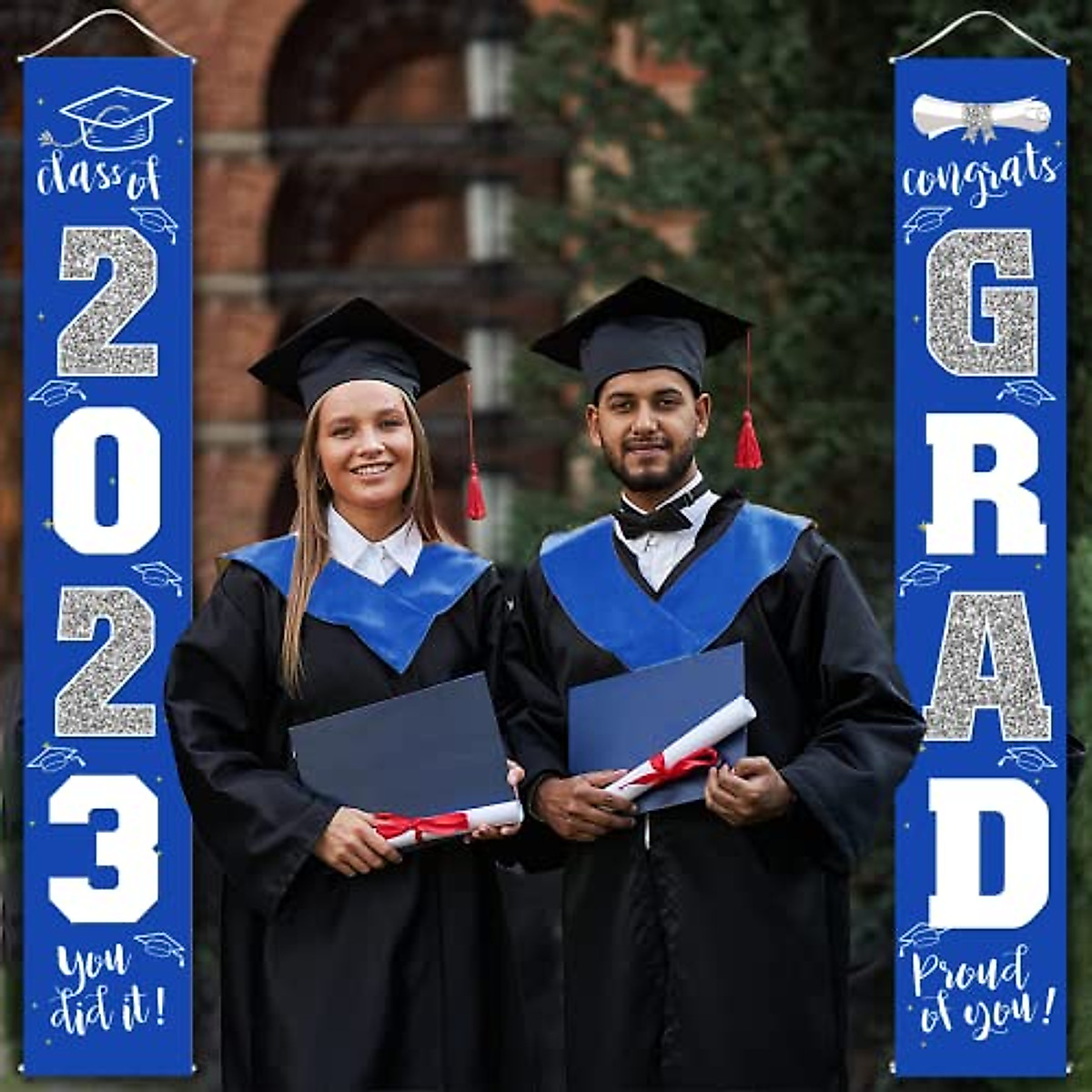 Graduation Decorations 2023 Banner Porch Sign Blue Silver for Class of 2023 Graduates Party Supplies