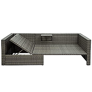 CABSETT Patio Furniture Sets, 5-Piece Outdoor Patio Wicker Sofa with Adustable Backrest and Lift Top Coffee Table, Multifunctional Rattan Sofa with Cushions and Ottomans, for Backyard Garden, Gray