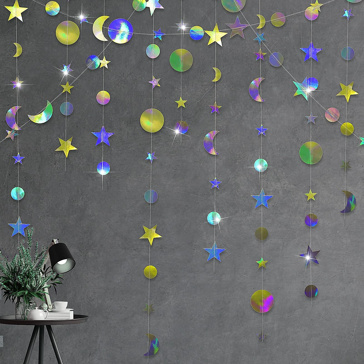 6 Pieces Iridescent Twinkle Moon Stars Circle Garland Streamer Party Decorations for Kids First Birthday Ramadan EID Mubarak Baby Shower Wedding Decor