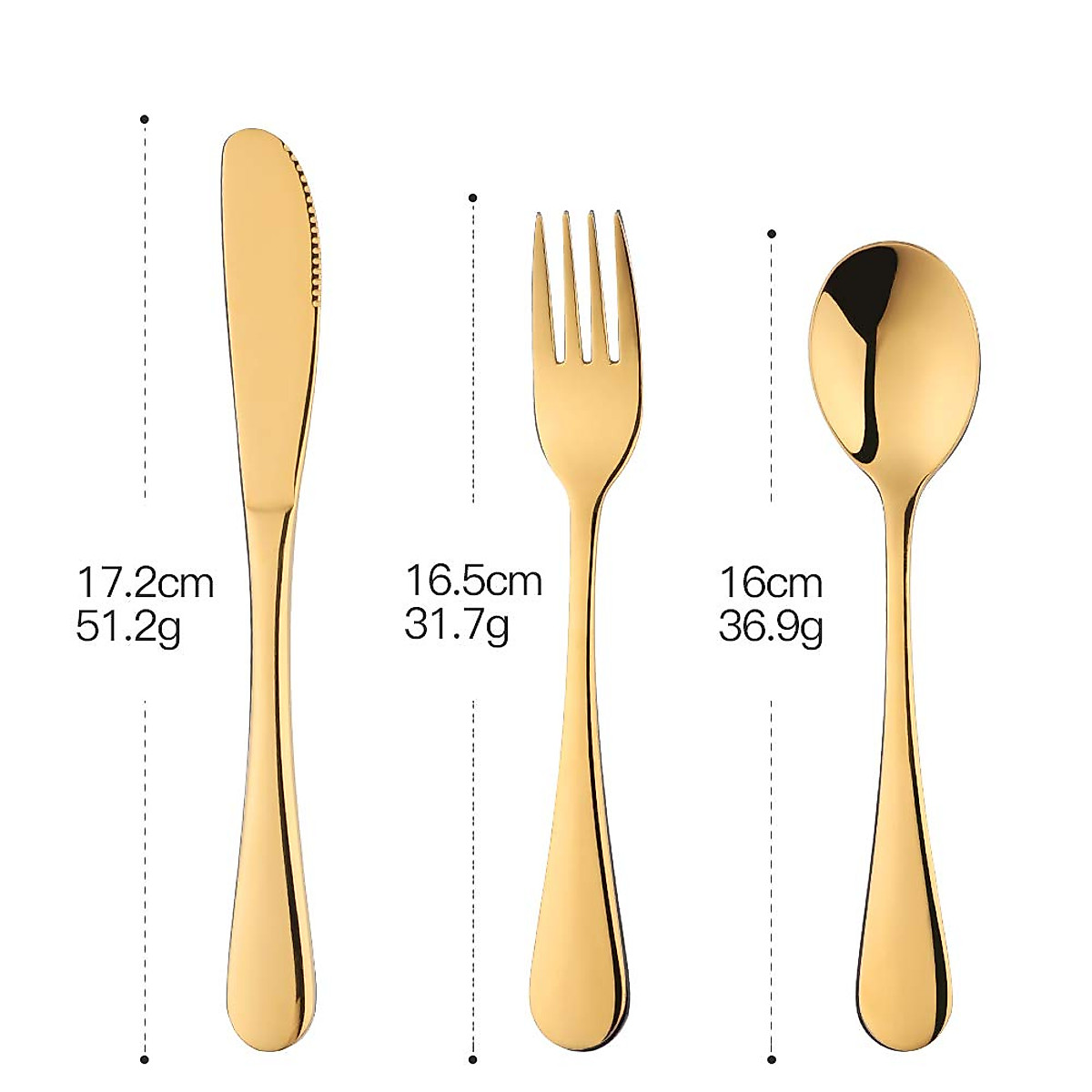 Bisda Flatware Silverware sets, 6pcs 18/8 Stainless Steel Student Cutlery Serving for 2, BPA-free Self-feeding Safe Kitchen Utensils, Mirror Polished (Gold)
