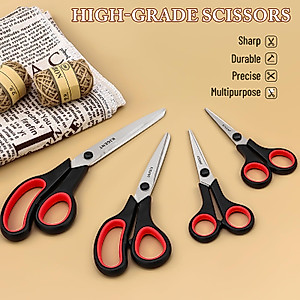 Scissors All Purpose 4-Pack, Heavy Duty Scissors Set with Thick and Sharp Blades, Premium shears with Soft Handles, Paper Scissors for Office Household Fabric Craft School Supplies (Black)