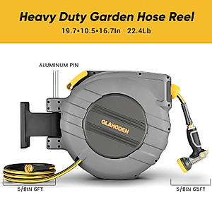 GLAHODEN Retractable Garden Hose Reel 5/8 in x 65 ft Upgraded UV Resistant Heavy Duty Automatic Hose Reel Wall Mount 3/4 in Brass Fitting 9 Pattern Nozzle Any Length Lock Slow Retraction 180° Swivel