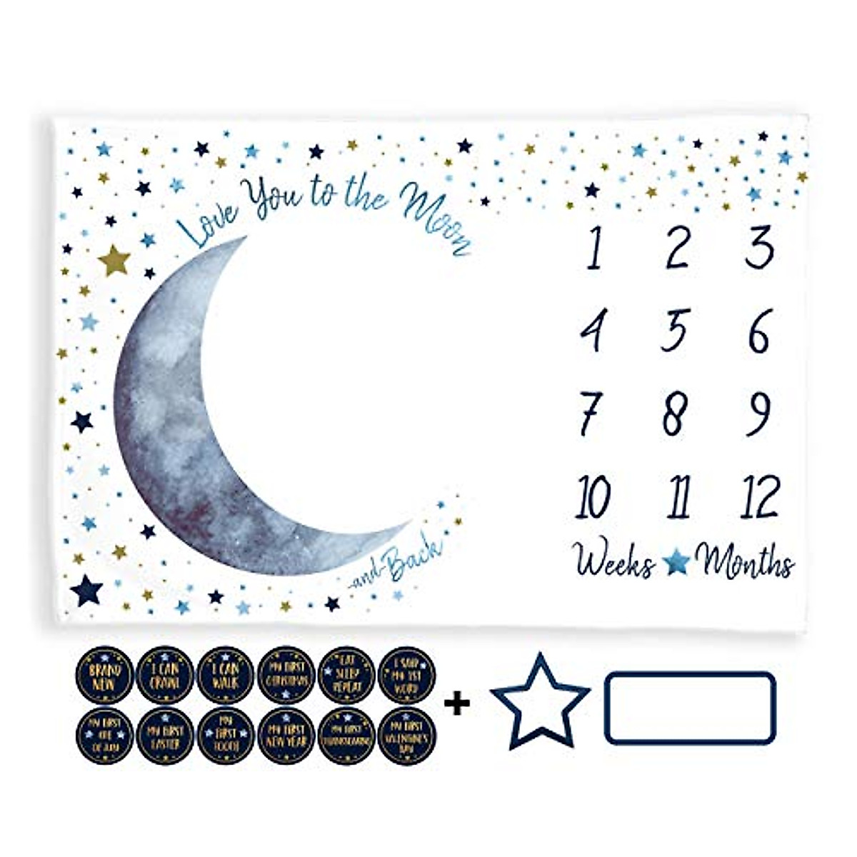 ELLO HOME BABY Milestone Blanket Boy, Blue Moon Month Tracker, First Year Calendar Monthly Growth Chart, Photo Prop Mat, Baby Boy Shower Gifts, I Love You to the Moon and Back Nursery, (Minky 60"x40")