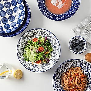 Selamica Porcelain 40oz Large Bowls 9 inch Big Pasta Salad Bowls, Microwave and Oven Safe, Vintage Blue, Set of 6