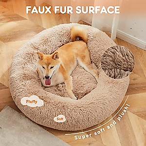 Sweetcrispy Calming Dog Bed for Large Dogs, Washable Large Pet Bed, 36 Inch Anti-Slip Round Fluffy Plush Faux Fur Dog Bed, Fits up to 90 lbs Pets, Brown