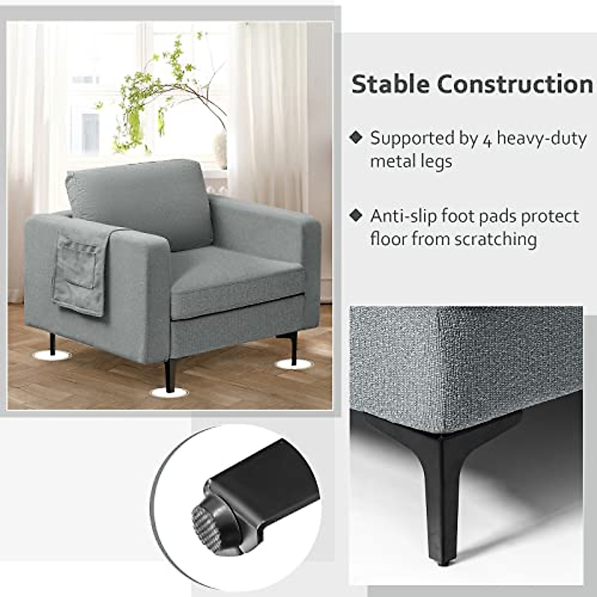 Giantex Single Sofa, Accent Chair, Leisure Chair w/Comfy Thick Cushion, Armrest Magazine Pockets, Metal Legs, Living Room Upholstered Armchair for Bedroom Reception Room