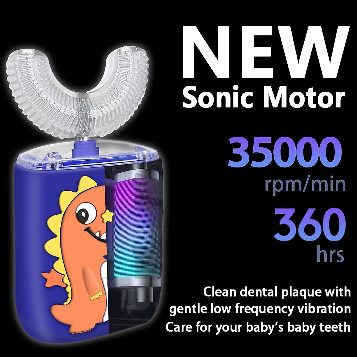 Kids Electric Toothbrush U Shape Dinosaur Ultrasonic Automatic Toothbrush with Replacement Soft Bristles Heads Six Modes 360°Oral Cleaning IPX7 Waterproof Smart Rechargeable Toothbrush (3. Orange)