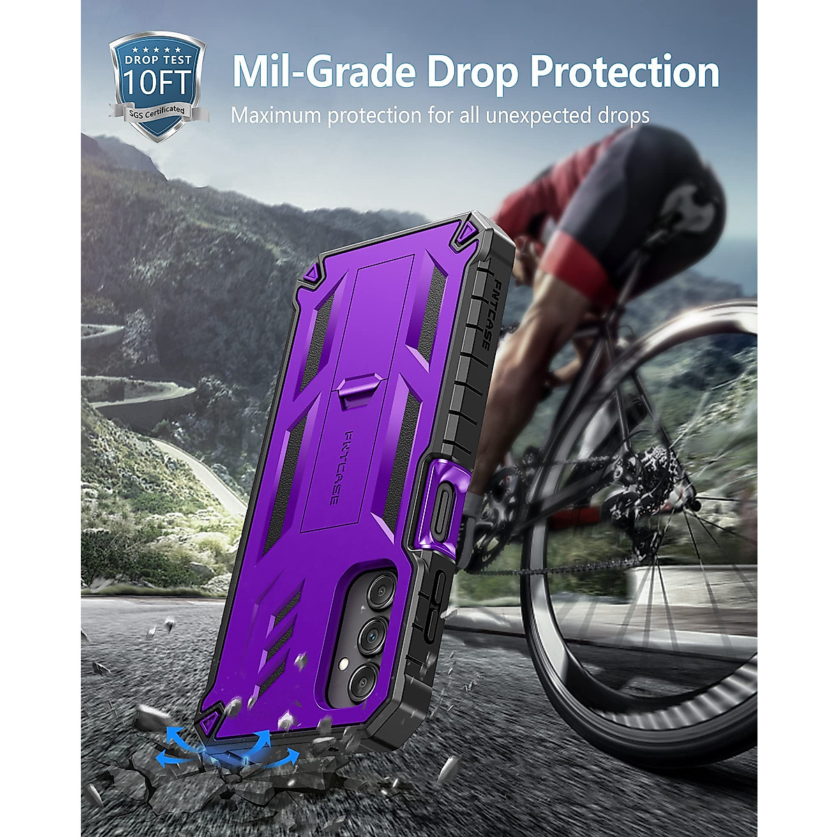 FNTCASE for Samsung Galaxy A14-5G Case: Dual-Layer Protective Textured Shockproof Rugged TPU Cover with Kickstand | Military Grade Drop Protection | Heavy Duty Cell Phone Protector - Purple