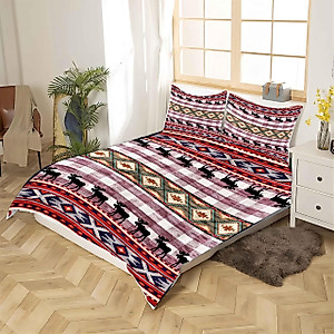 Rustic Deer Duvet Cover Set Queen, Country Lodge Cabin Red Buffalo Plaid Moose Animal Themed Bedding Set, Decorative 4 Piece Set With 2 Pillowcases 1 Sheet for Kids Adults Teens Bedroom Decor