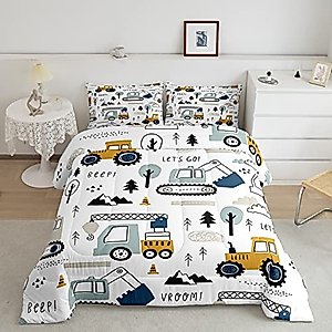Cartoon Car Kids Comforter Set Construction Bedding Set Decor Equipment Trucks Comforter Cartoon Car Excavator Tractor White Yellow Duvet Set Bedroom Quilt Set 3Pcs Full
