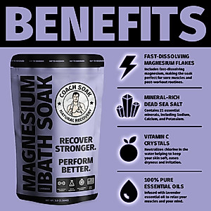 Coach Soak Recovery Bath Soak - Faster Absorption Than Epsom Salt for Pain - Rejuvenating Magnesium Flakes with 21 Minerals, Essential Oils & Bath Salts, 3lbs (Calming Lavender)