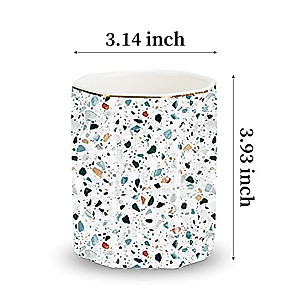 LEAZUL Pen Holder, Makeup Brush Holder Ceramic Shiny Gold Terrazzo Marble Stone Pattern Pencil Cup for Girls Kids Women Durable Stand Desk Organizer Storage Gift for Office, Classroom, Home Light Blue