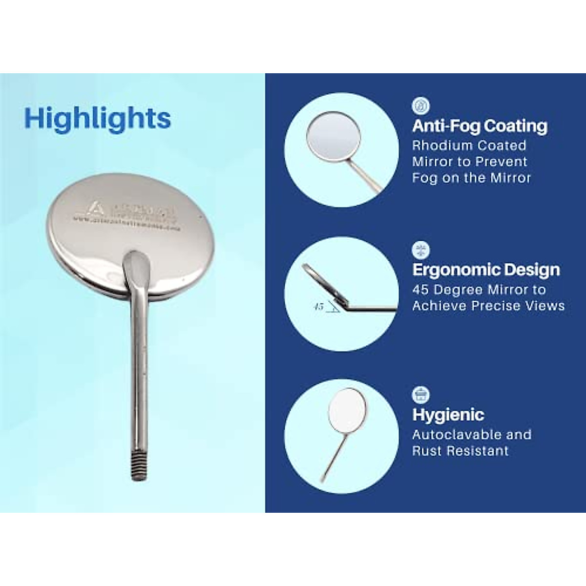 DENTAL MIRRORS TOPS FRONT SURFACE EUROPEAN STYLE THREADING RHODIUM SET OF 12 ARTMAN BRAND