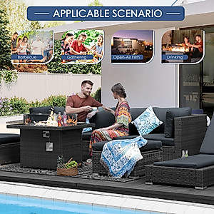 NICESOUL® 9 Pieces Outdoor Patio Sectional Furniture Sofa Set with Fire Pit Table Natural Gas Propane, 29.3'' High Back Modern Large Size PE Wicker Conversations with Fireplaces for Backyard