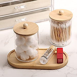 Fixwal Bamboo Bathroom Accessories Set of 6 - Toothbrush Holder, Soap Dispenser, Soap Dish, Tray and Two Plastic Qtip Medicine Jars with Bamboo Lid for Boho Counter Toilet Bathroom Decor