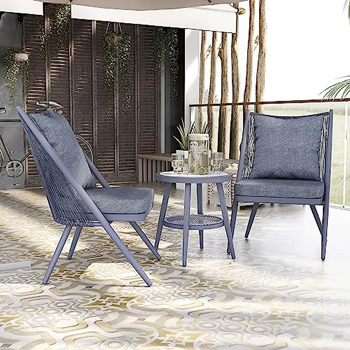 24/7 Shop at Home Finegan Mid-Century Modern Aluminum 3-Piece Bistro Set with Removable Cushions for Outdoor Kitchen, Patio, Pool Area, Gray