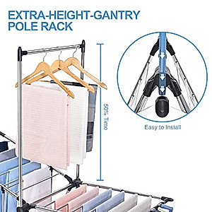 TOOLF Clothes Drying Rack with High Hanger, Foldable 2-Level Drying Racks for Laundry, Laundry Stand with Height-Adjustable Gullwings