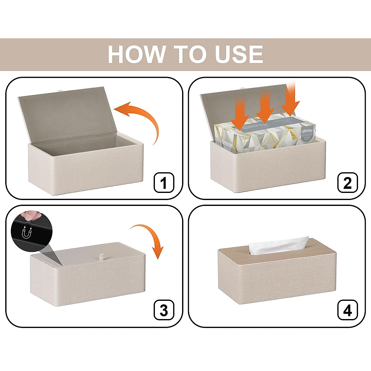 GOLRANLYE Tissue Box Cover Rectangular 9.8"(L) x 5.3"(W) x 4.3"(H) Refined Modern PU Leather Facial Tissue Dispenser Box Holder for Dresser Bathroom Decorative (Beige)