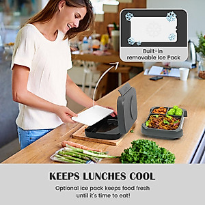 Caperci Heavy Duty Bento Box Adult Lunch Box - Leak-Proof Large Lunch Containers with Removable Ice Pack & 3 Compartments for Adults & Big Kids, BPA-Free, 1300mL/5.5 Cups (Dark Gray)
