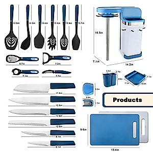 FIVETAS Kitchen Utensils Set with Holder, Nylon Cooking Utensils Set,6Pieces Stainless Steel Knives Set for Kitchen,Vegetable Peeler Knife,Cheese Grater,Cleaning Brush and 2 Plastic Cutting Boards.