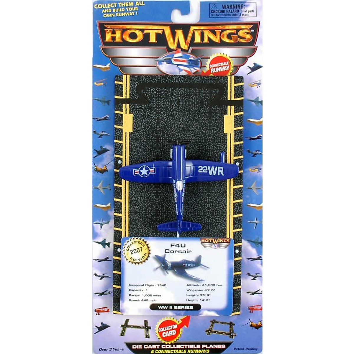 Hot Wings Planes F4U Corsair (Marines) with Connectible Runway Die Cast Plane, Blue (17104)